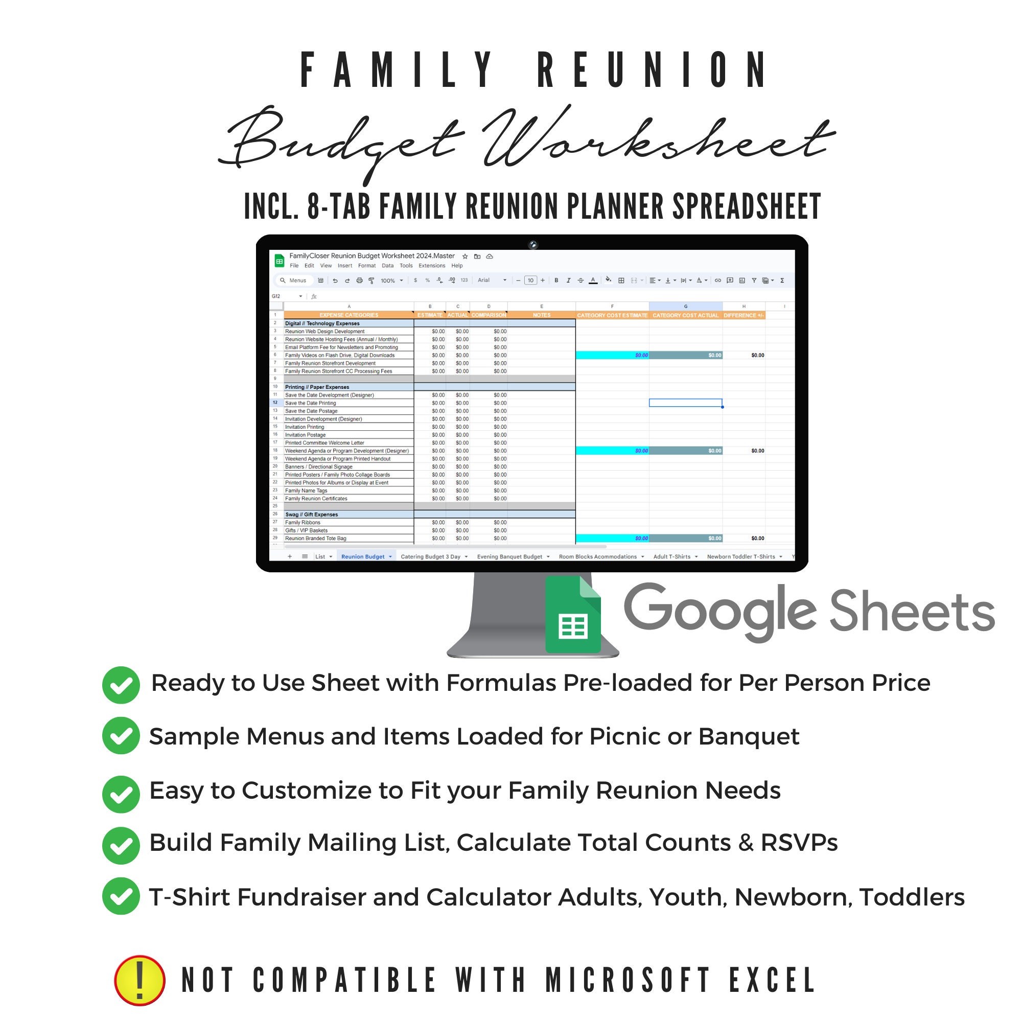 Family Reunion Budget Spreadsheet for Family Reunion Planners - Etsy