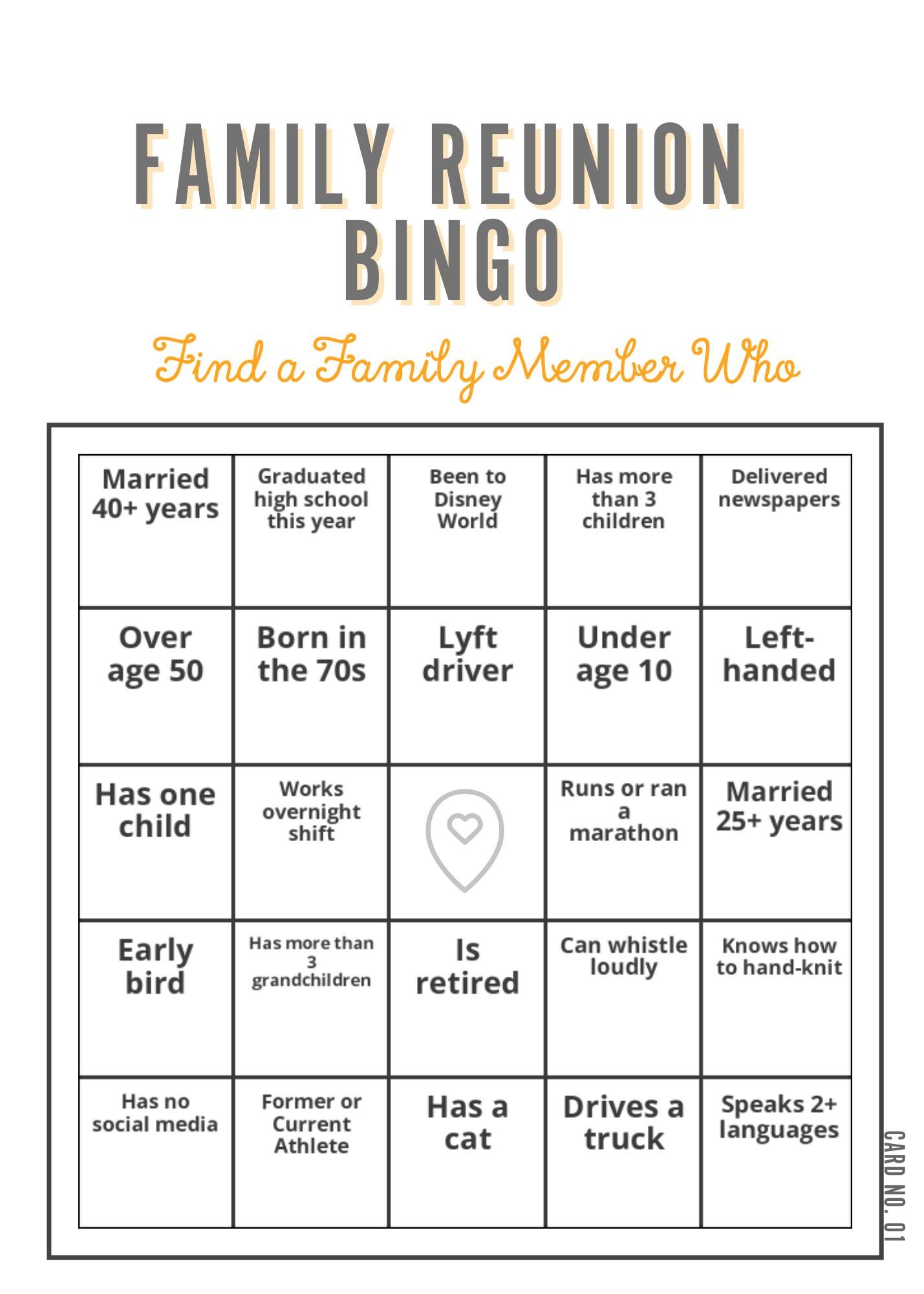 Family Reunion Bingo Game Printable, Find a Family Member Who | Set of ...