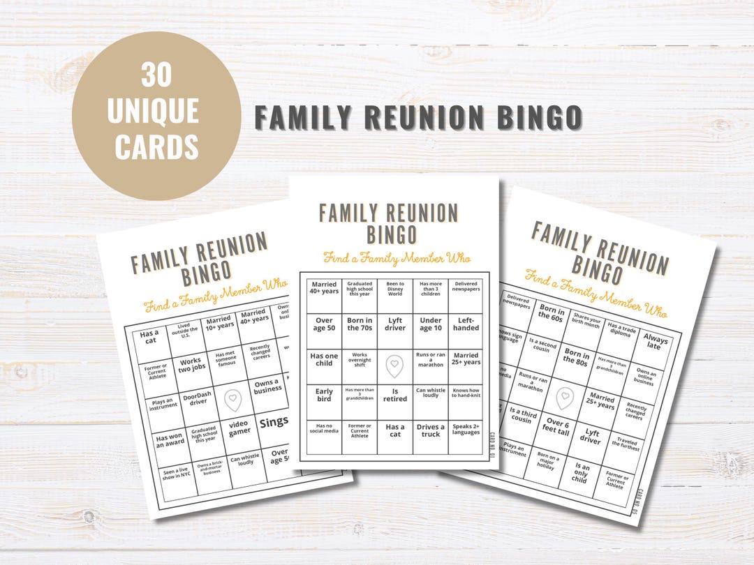 Family Reunion Bingo Game Printable, Find a Family Member Who | Set of ...