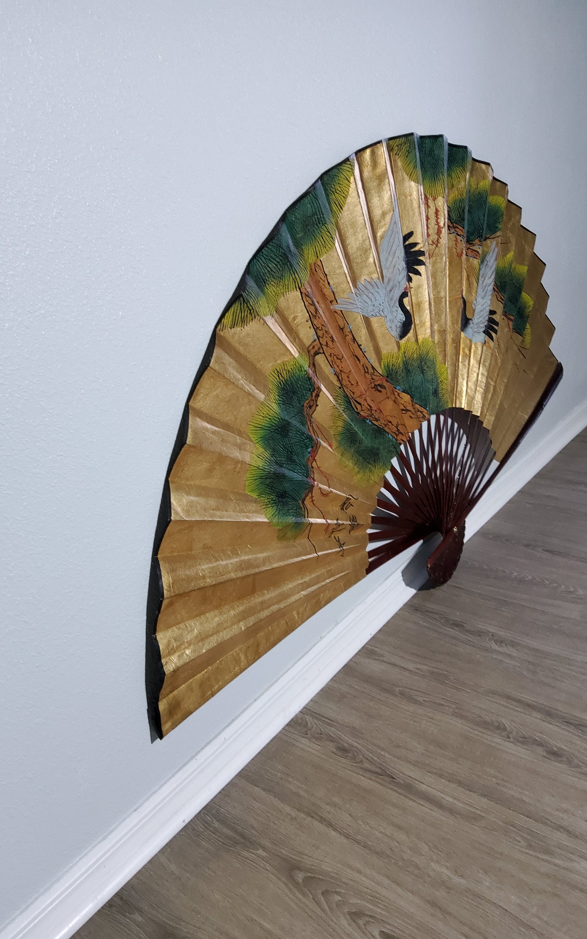 Extra Large Wall Chinese Fan Featuring Painting of Cranes and Lotus ...