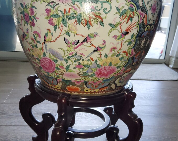 Vintage Chinese Porcelain Fish Bowl Planter With Wooden Stand 14R X 12H ...