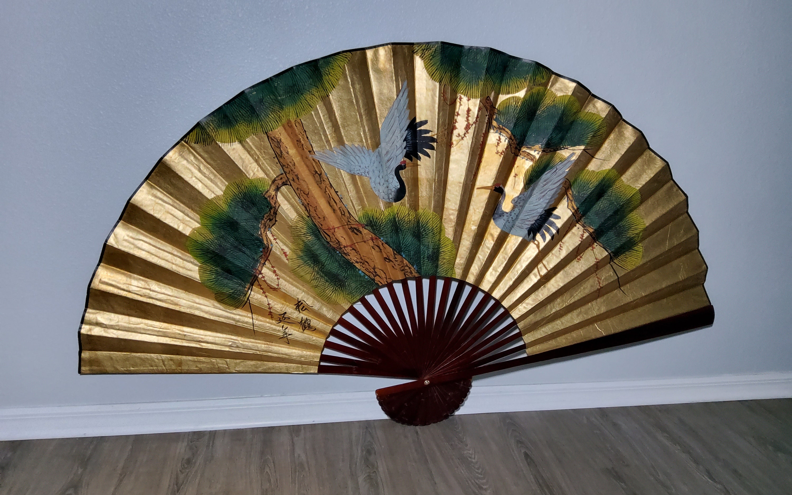 Extra Large Wall Chinese Fan Featuring Painting of Cranes and Lotus ...
