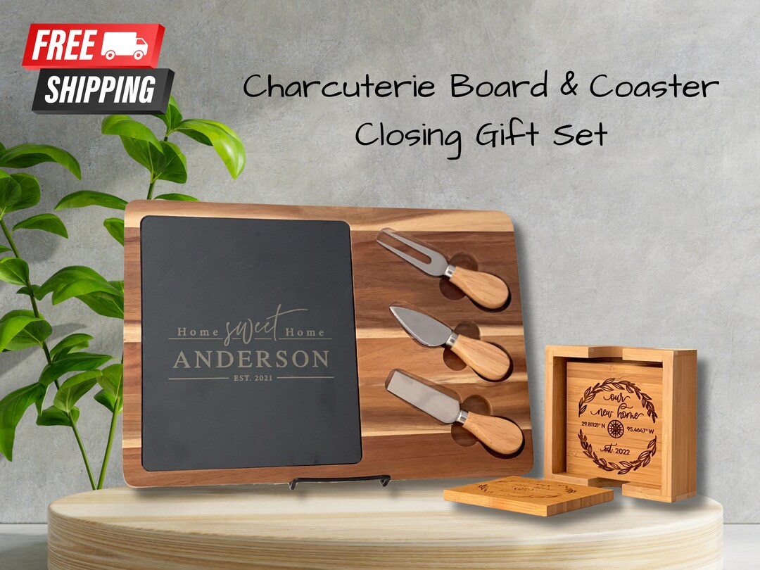 Real Estate Gift Set, Charcuterie Board + Coasters, Personalized ...