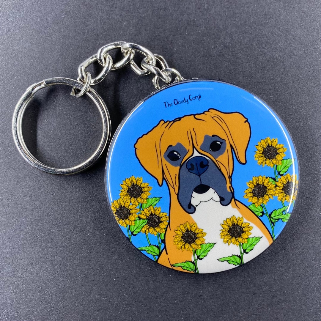 Boxer Sunflower Keychain, Retro Dog Accessories, Floral Dog Key Ring ...