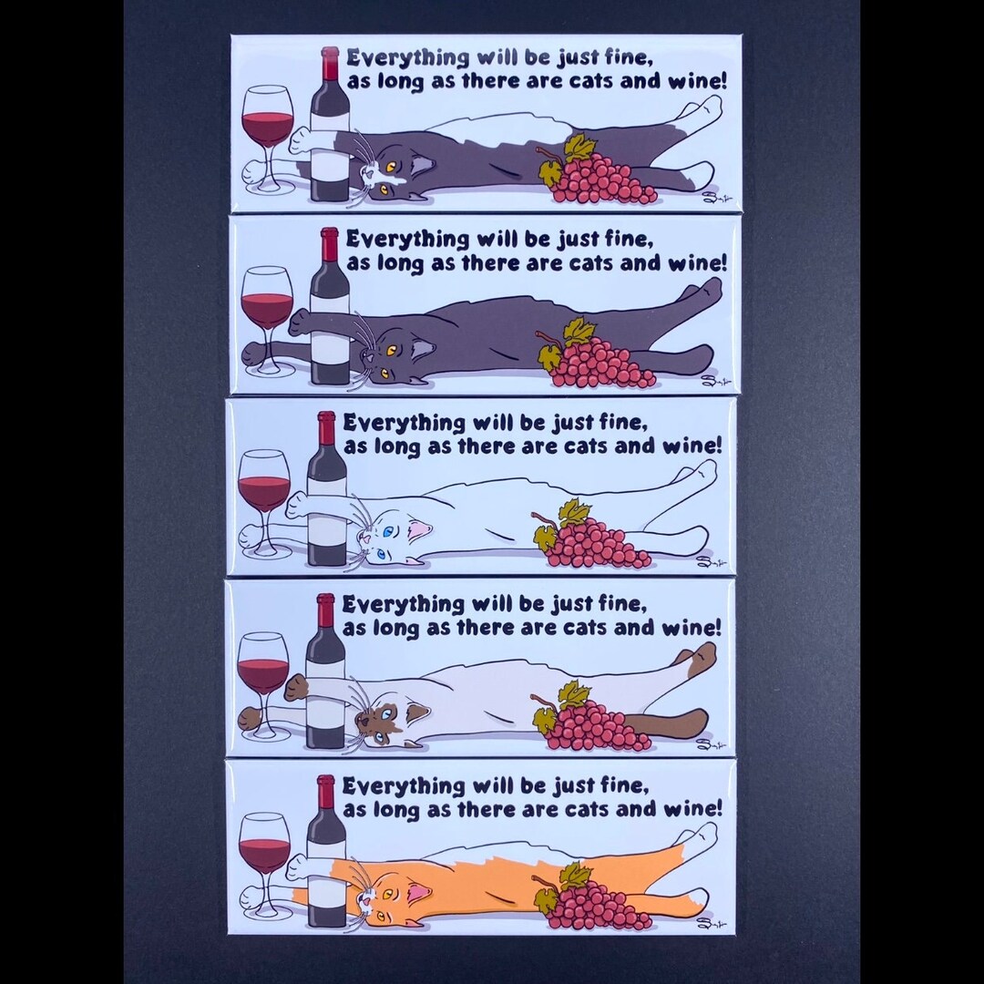 Cats and Wine Magnet, Cat Mom Gift, Funny Pet Portrait Decor, Crazy Cat ...