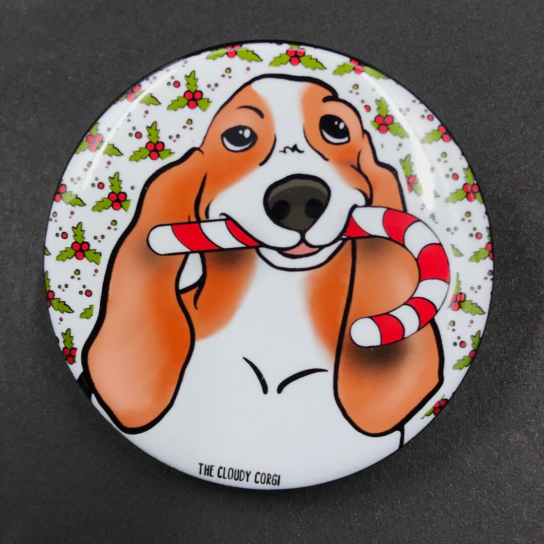 Basset Hound Candy Cane Pinback Button, Holiday Dog Pin, Christmas Dog ...