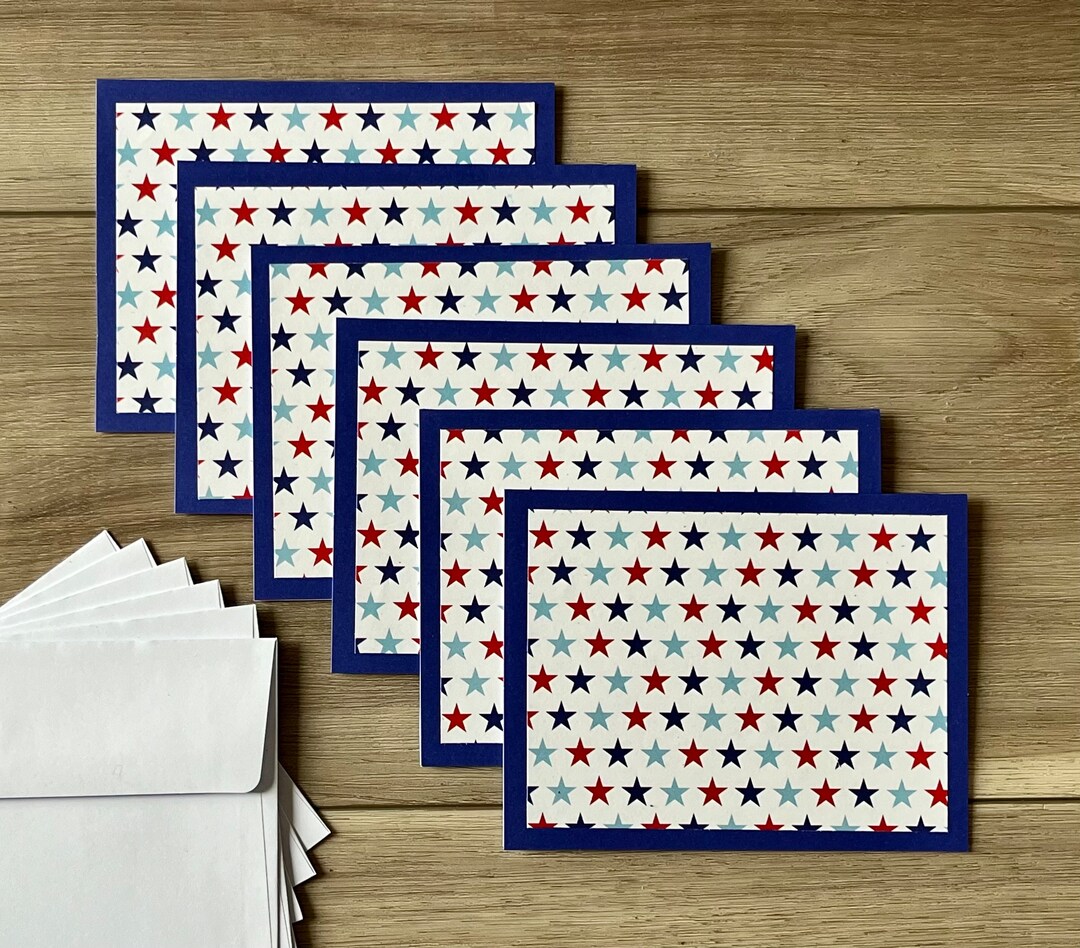 Red and Blue Stars Notecards, Set of 6 Kraft Notecards With Matching ...