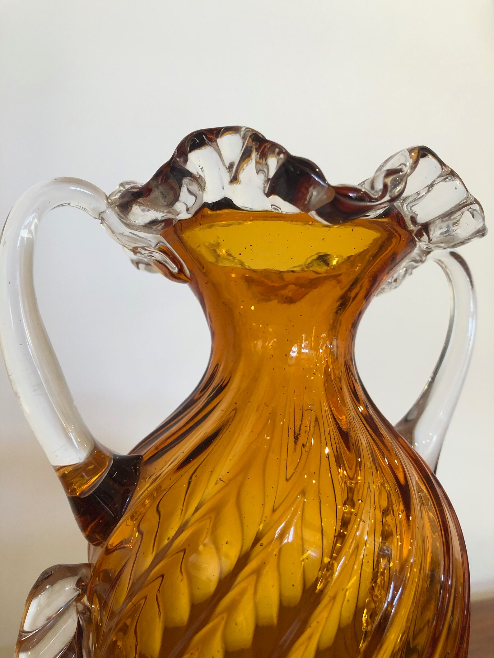 Vintage 10" Amber Swirl Glass Vase, Amber Art Glass Vase With Handles ...