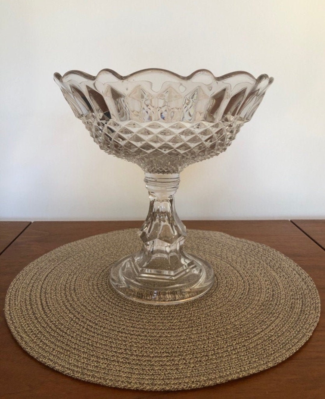 Vintage Pressed Glass Compote, Diamond Over Diamond Pattern With ...