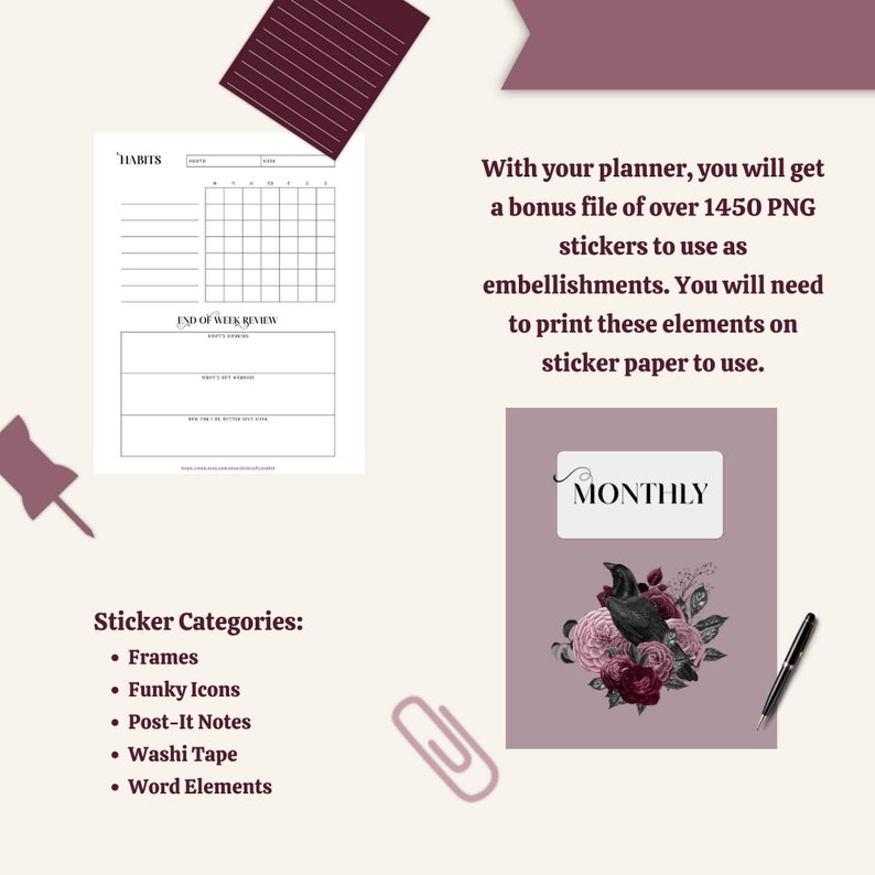 Burgundy Gothic Themed Printable Planner | PDF Pages Dividers and Cover ...