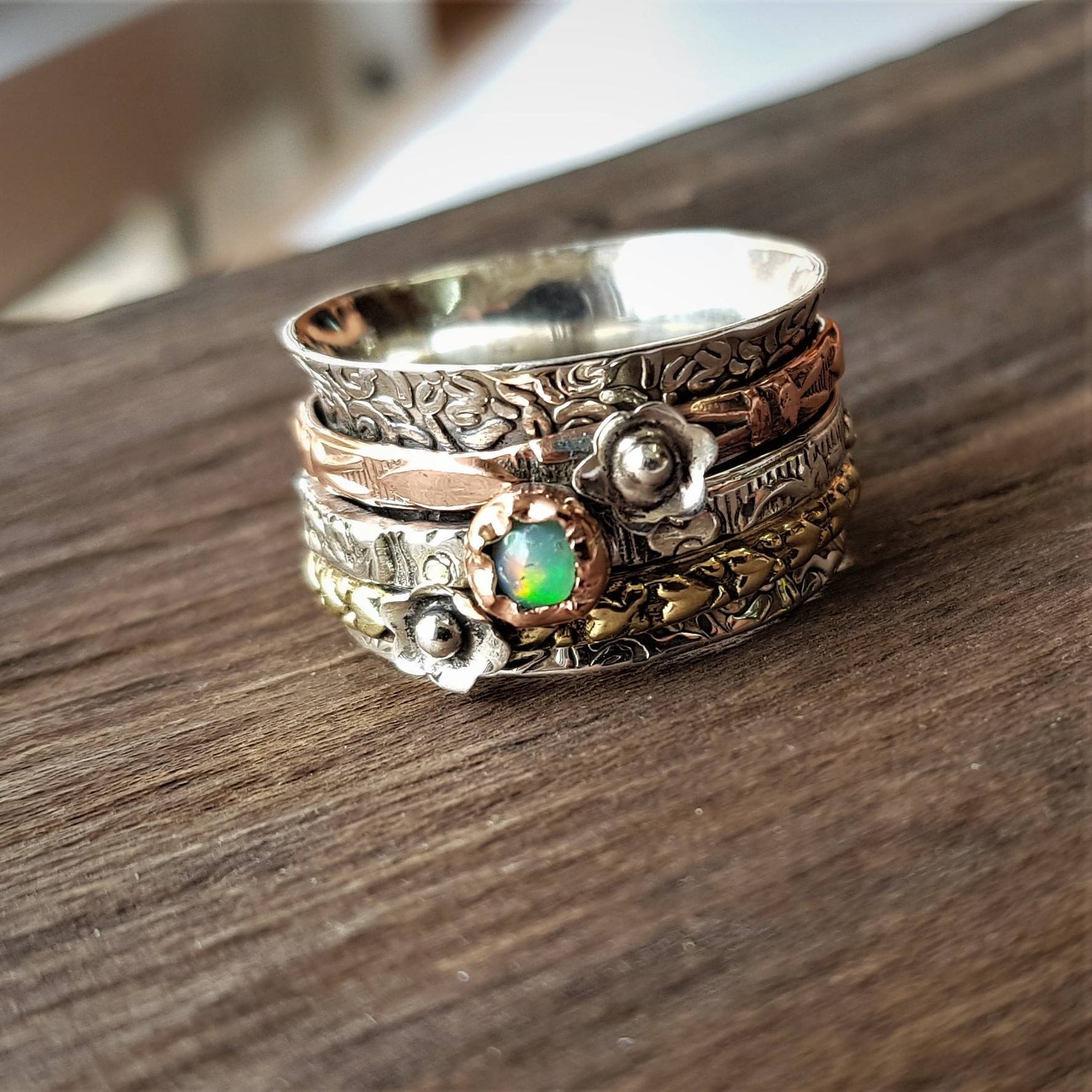 Ethiopian Opal Ring, Spinner Ring, Fidget Ring, Meditation Ring, Silver ...