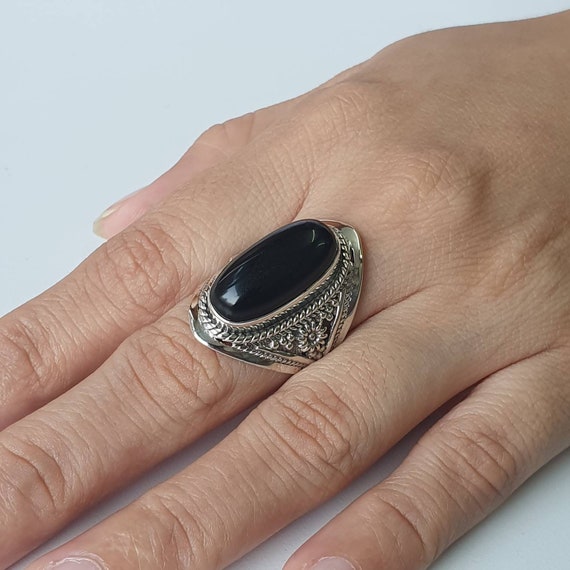 Natural Black Onyx ring Bold Sterling Silver Statement ring | Etsy