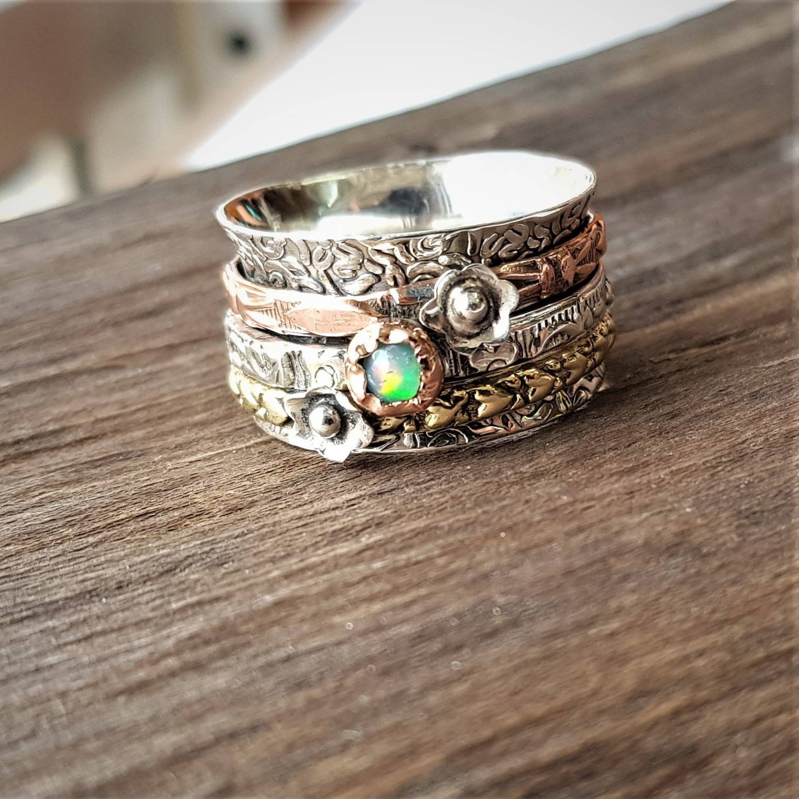 Ethiopian Opal Ring, Spinner Ring, Fidget Ring, Meditation Ring, Silver ...