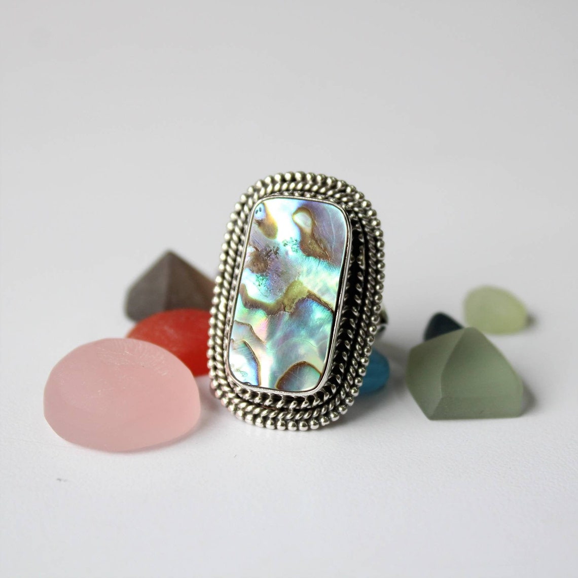 Abalone Shell Ring, Sterling Silver Ring, Large Gemstone Ring ...