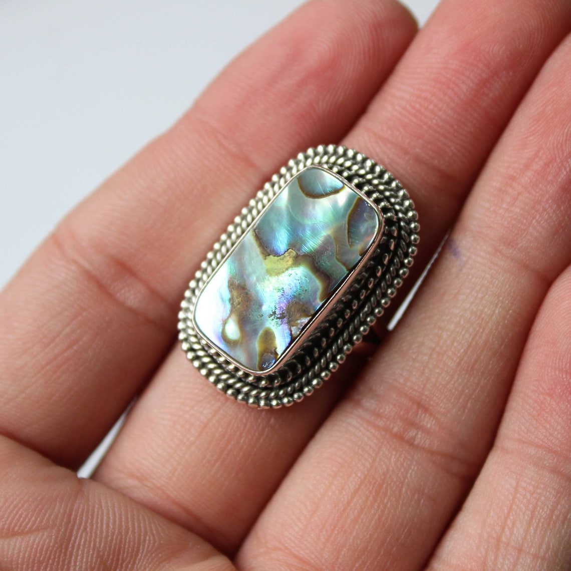 Abalone Shell Ring, Sterling Silver Ring, Large Gemstone Ring ...