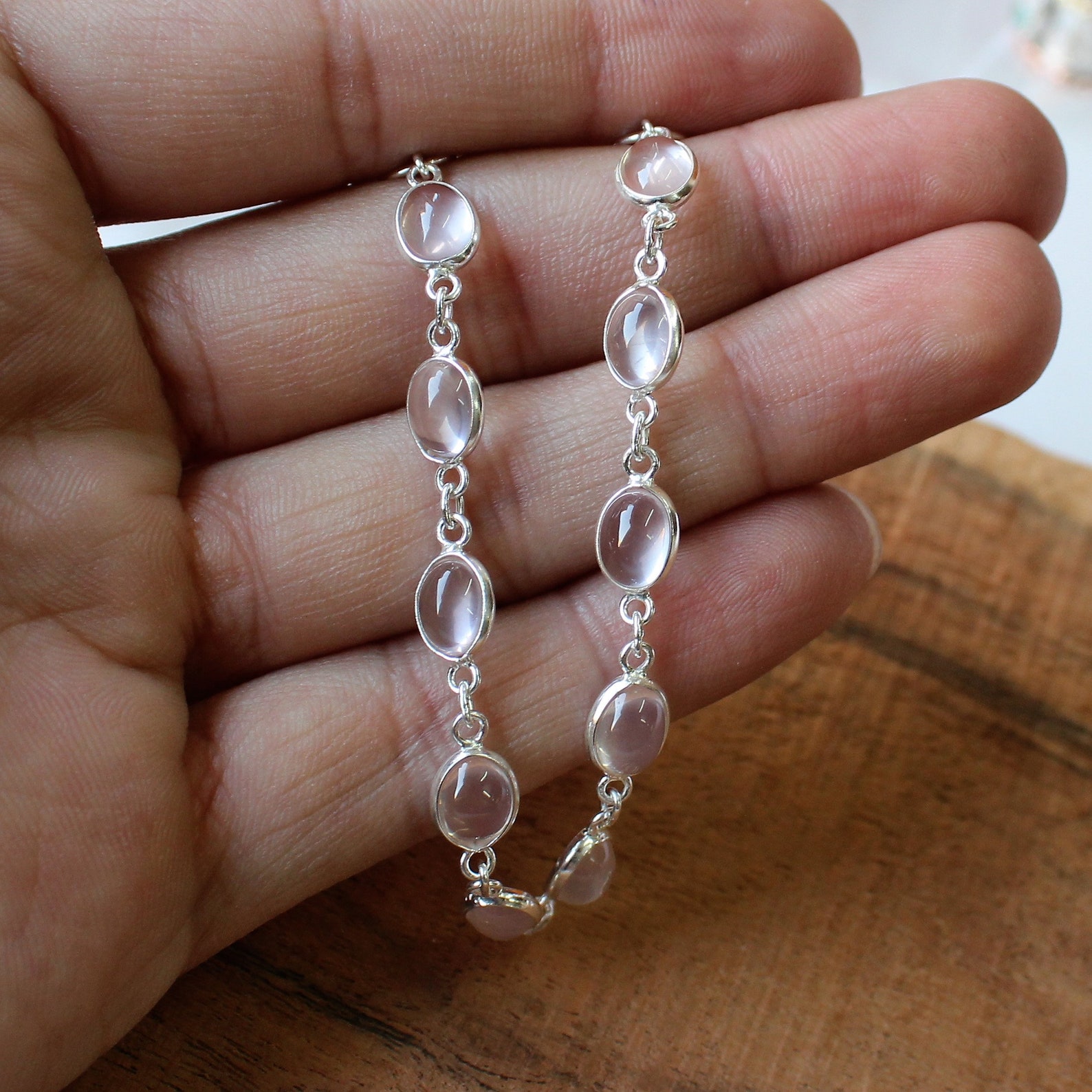 Rose Quartz Bracelet, Sterling Silver Bracelet, Dainty Wristband - Etsy