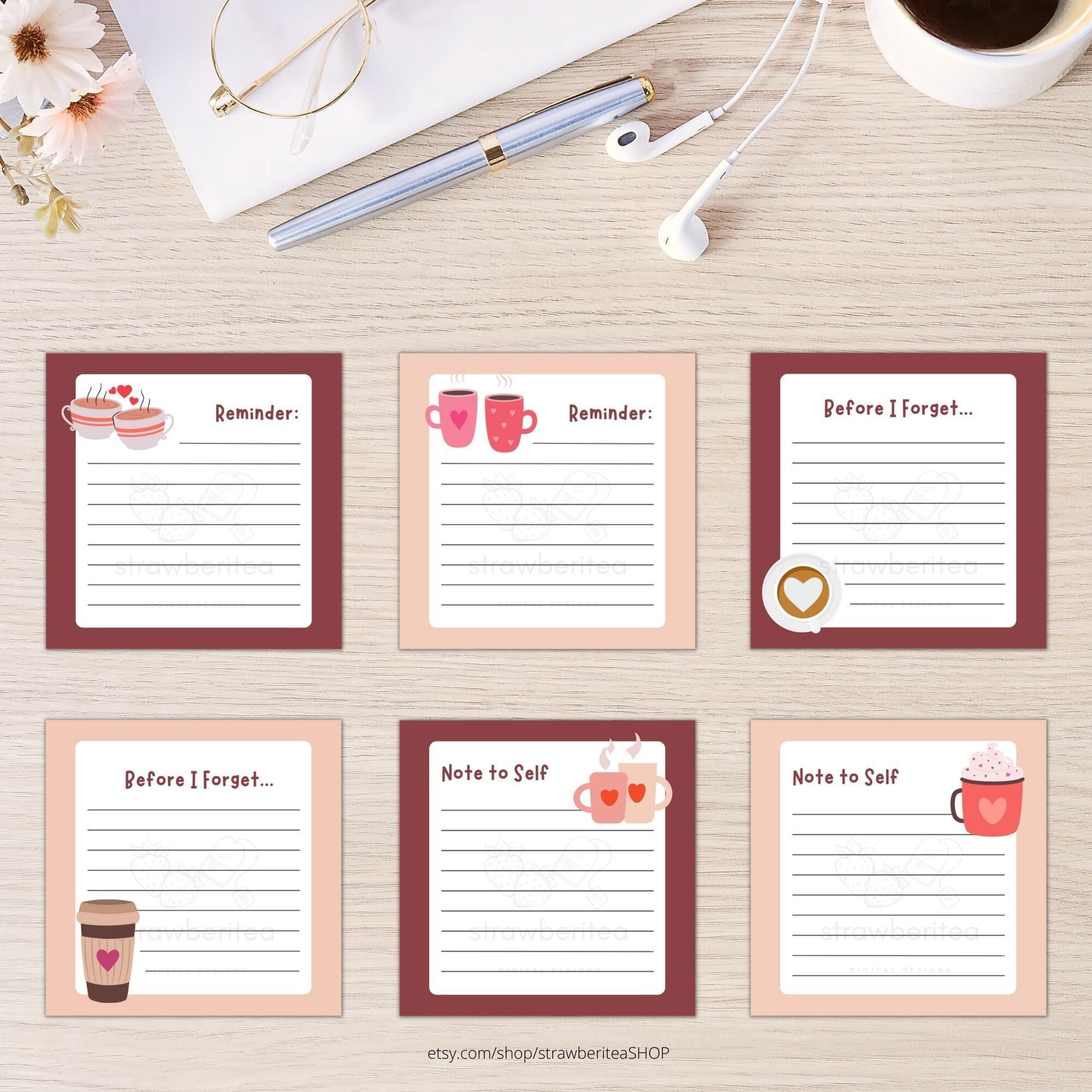 6 Cute Coffee Printable Memo Pads - 3x3 Post It Notes, Kawaii ...