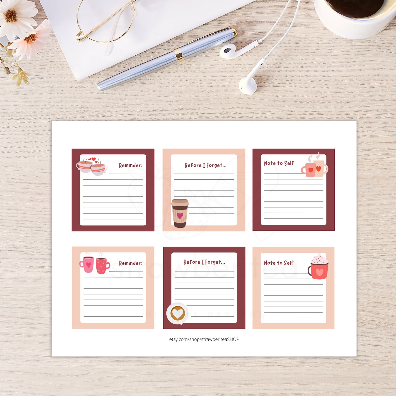 6 Cute Coffee Printable Memo Pads 3x3 Post It Notes Kawaii | Etsy
