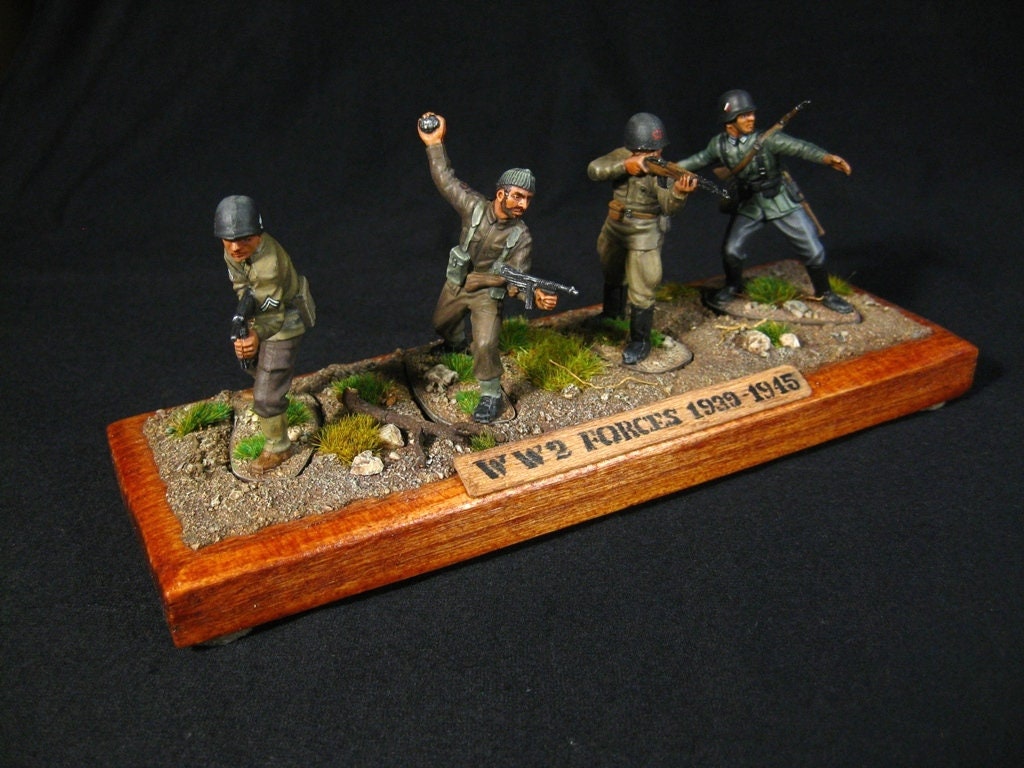 4 Hand Painted Toy Soldiers on Customizable Display Wooden Stand ...