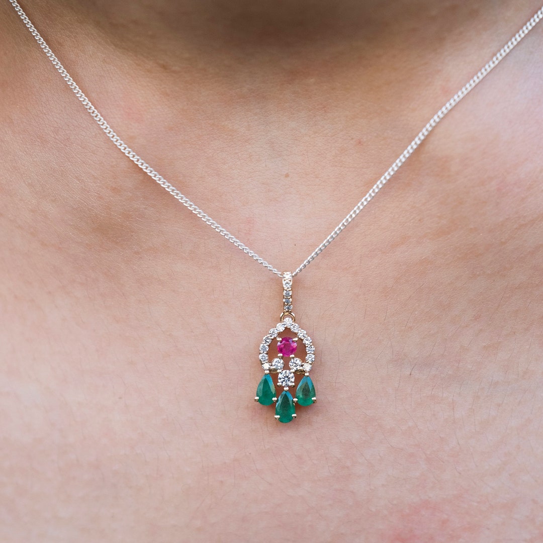 Natural Emerald & Ruby Gemstone Pendant/ 14k Solid Yellow Gold Diamond ...