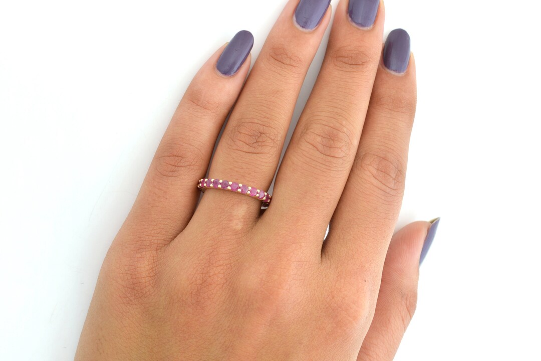 Eternity Burma Ruby Band / 14k Yellow Gold Dainty Wedding Rings / Full Eternity Bridal Ring ...