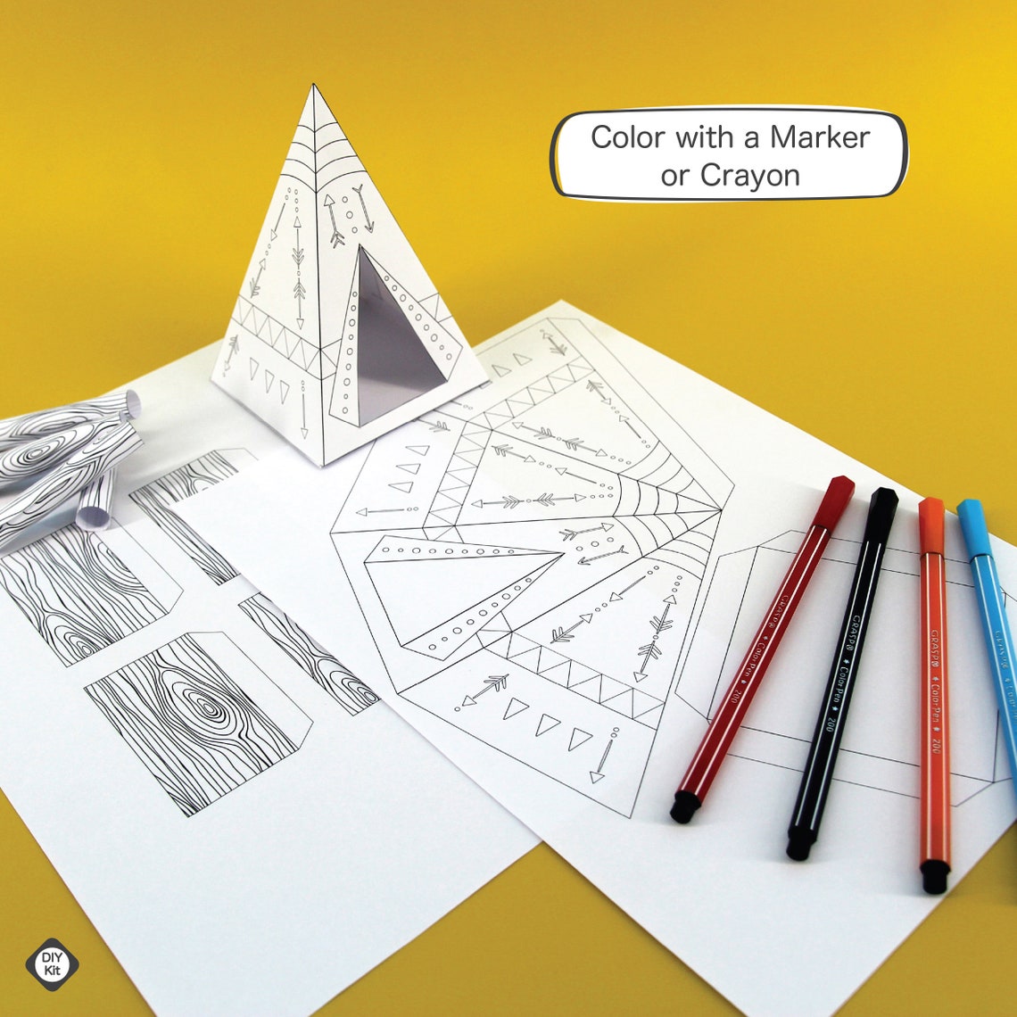 3D Coloring Indian Tent, Easy Papercraft Activity, Craft Paper Models ...