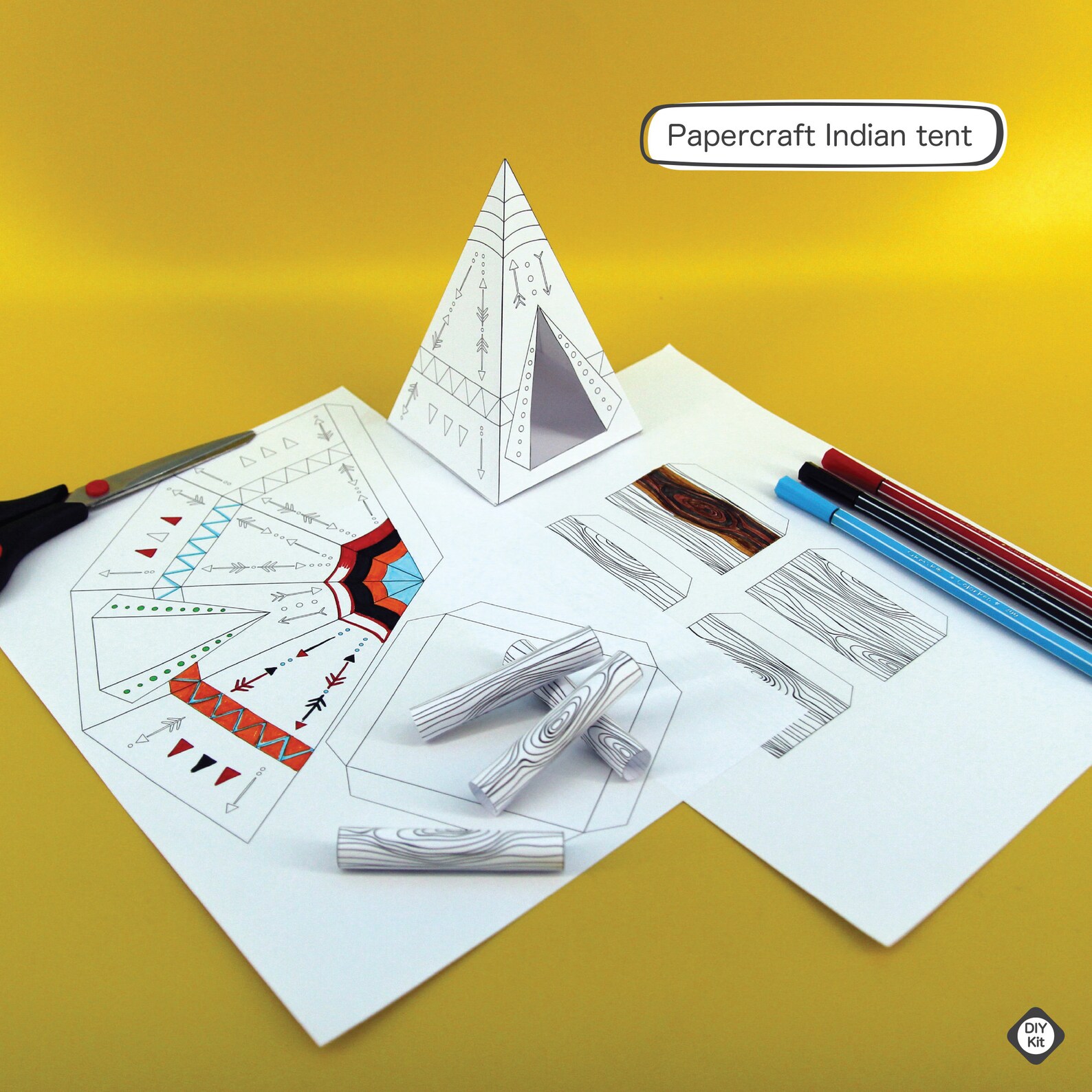 3D Coloring Indian Tent, Easy Papercraft Activity, Craft Paper Models ...