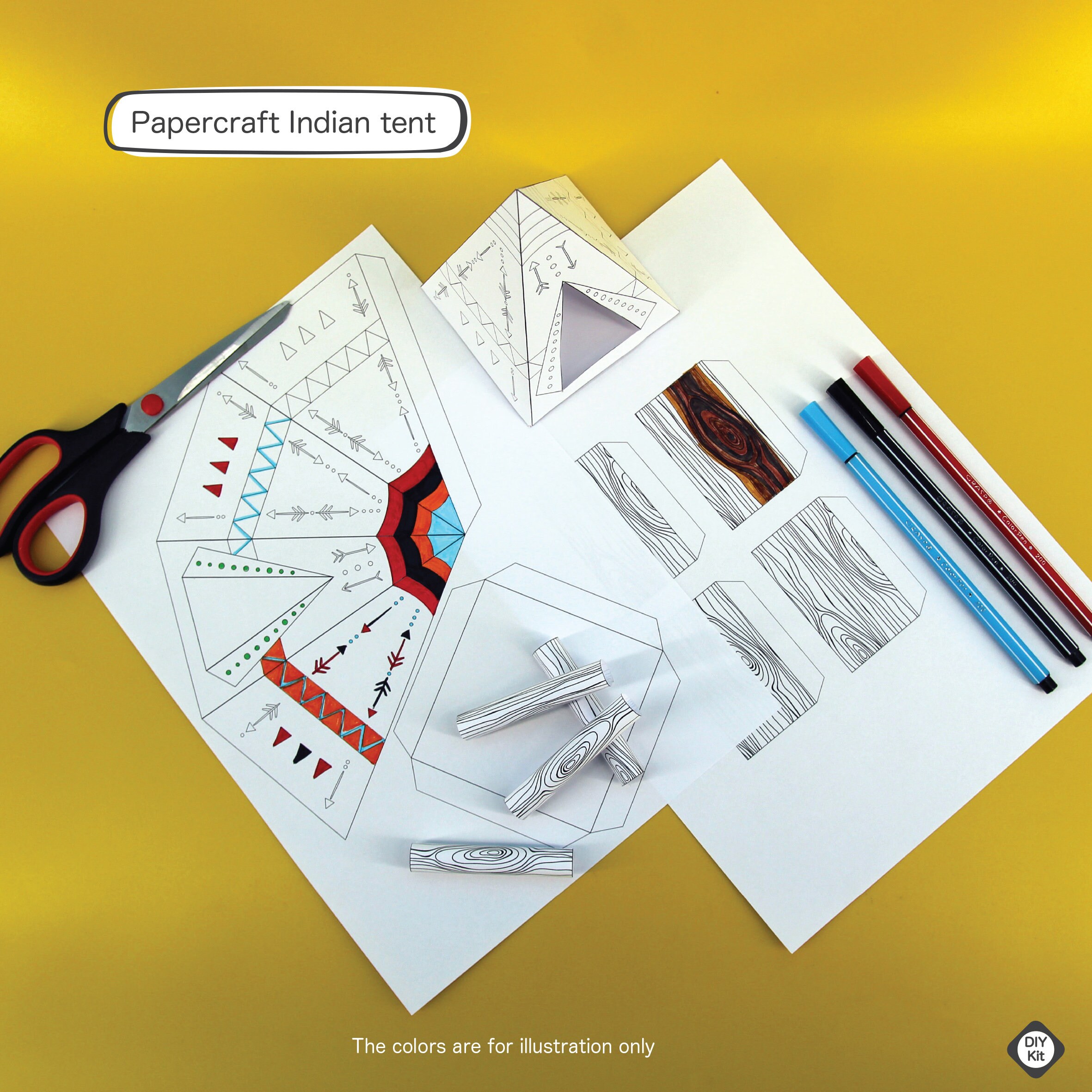 3D Coloring Indian Tent, Easy Papercraft Activity, Craft Paper Models ...