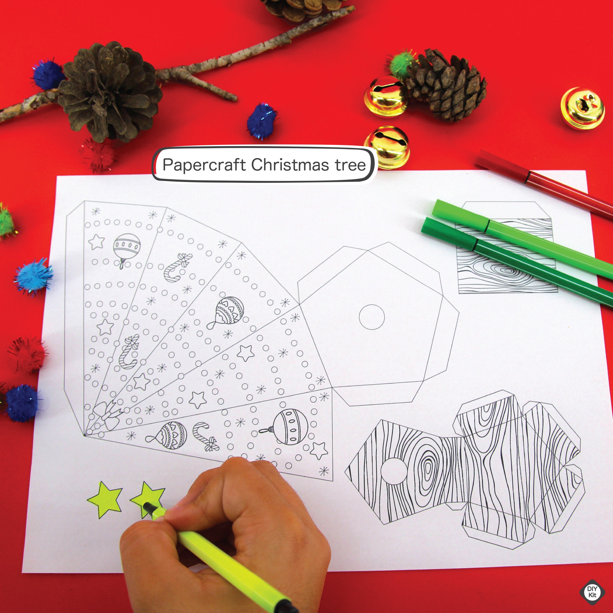 3D Coloring Christmas Tree, Easy Papercraft Activity, Craft Paper for ...