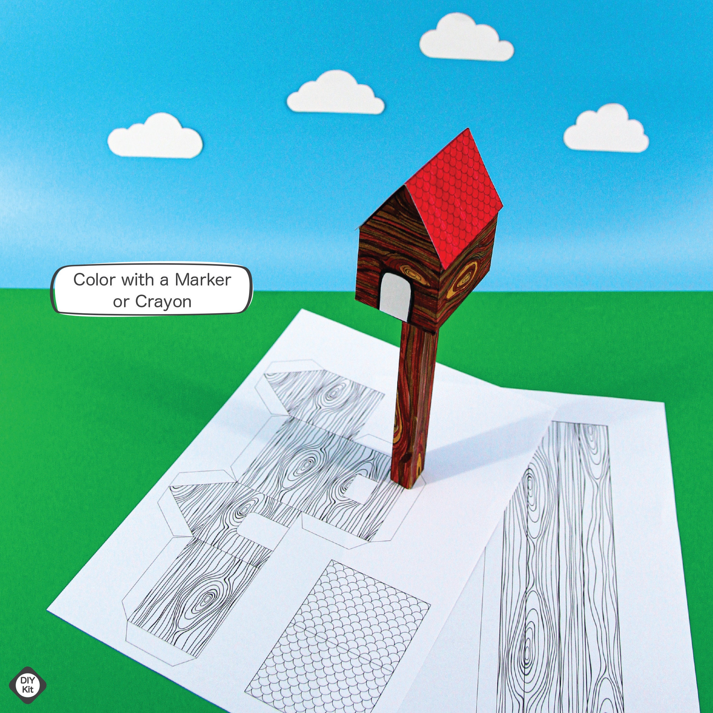 3D Coloring Tree House Paper, Easy Papercraft Activity, Craft Paper ...