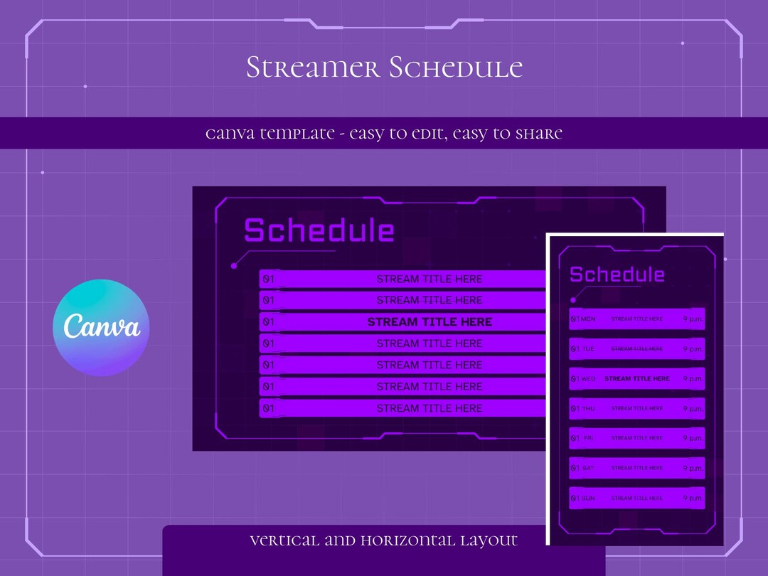 Purple Stream Schedule Template in Canva. Tiktok and Twitch Stream ...