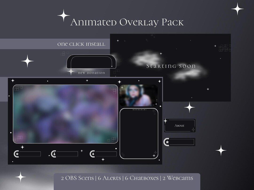 Dark Twitch Overlay Animated Stream Pack. Black and White Starry Night ...