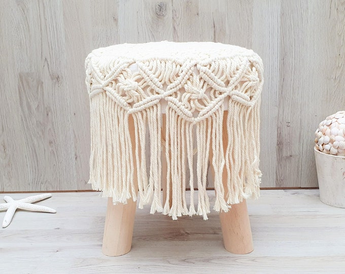 Upholstered Stool With Boho Macrame Cover, Ottoman, Wooden Footstool ...