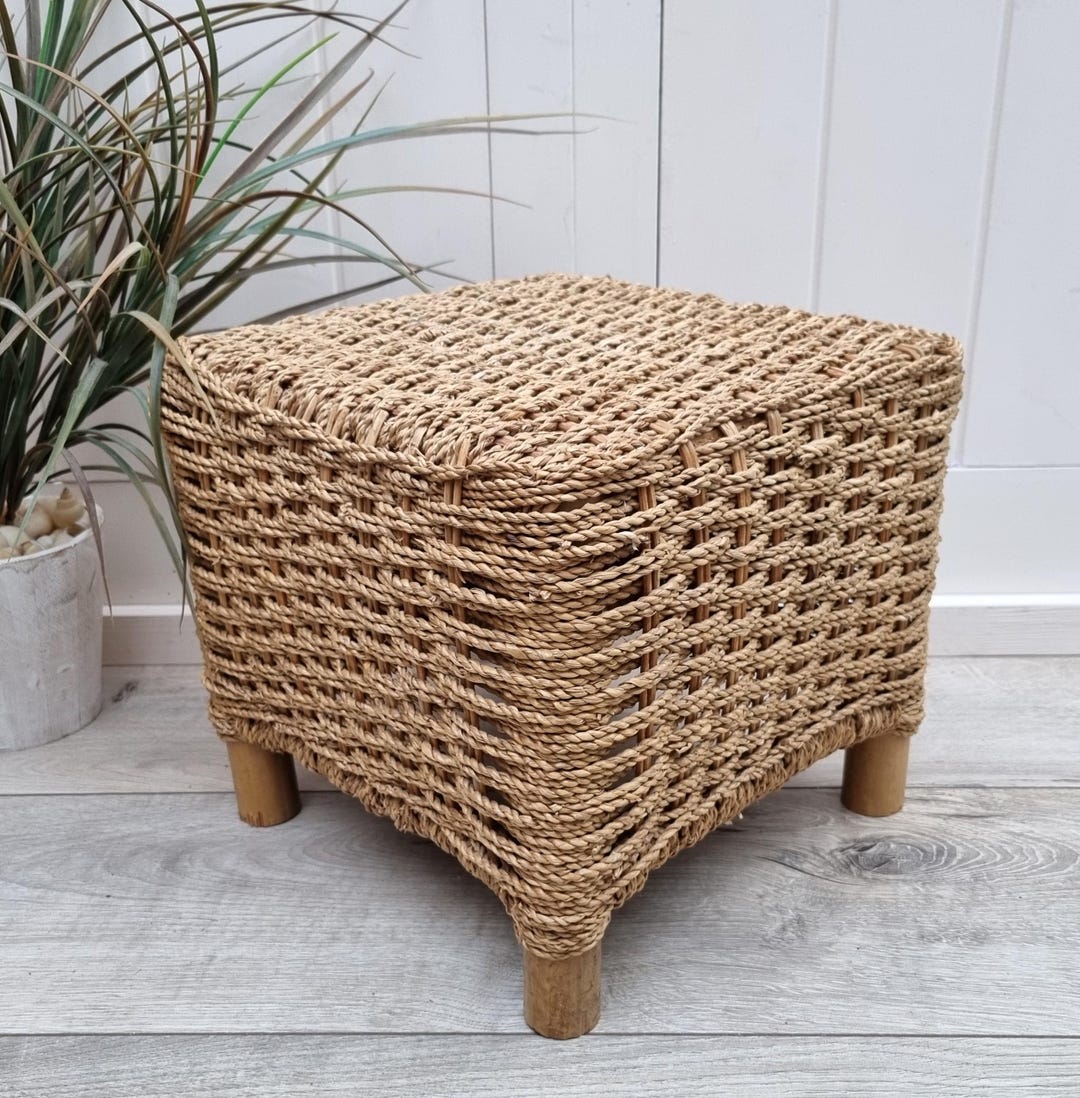 Small Square Wicker Ottoman, Seagrass Wicker Footstool, Garden Lounge ...