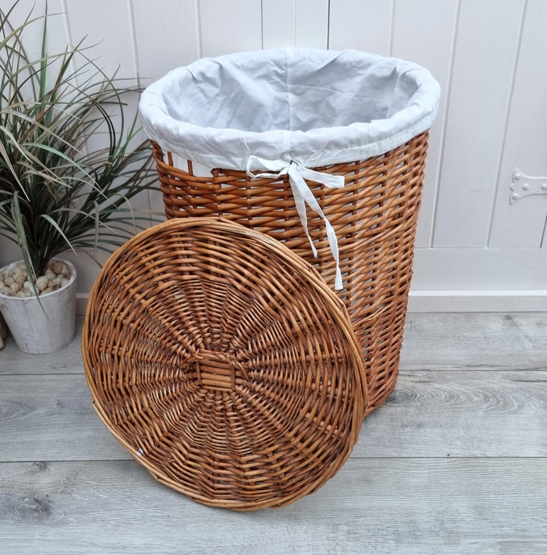 Round Wicker Laundry Basket, Lidded Basket for Storage, Wicker Basket ...