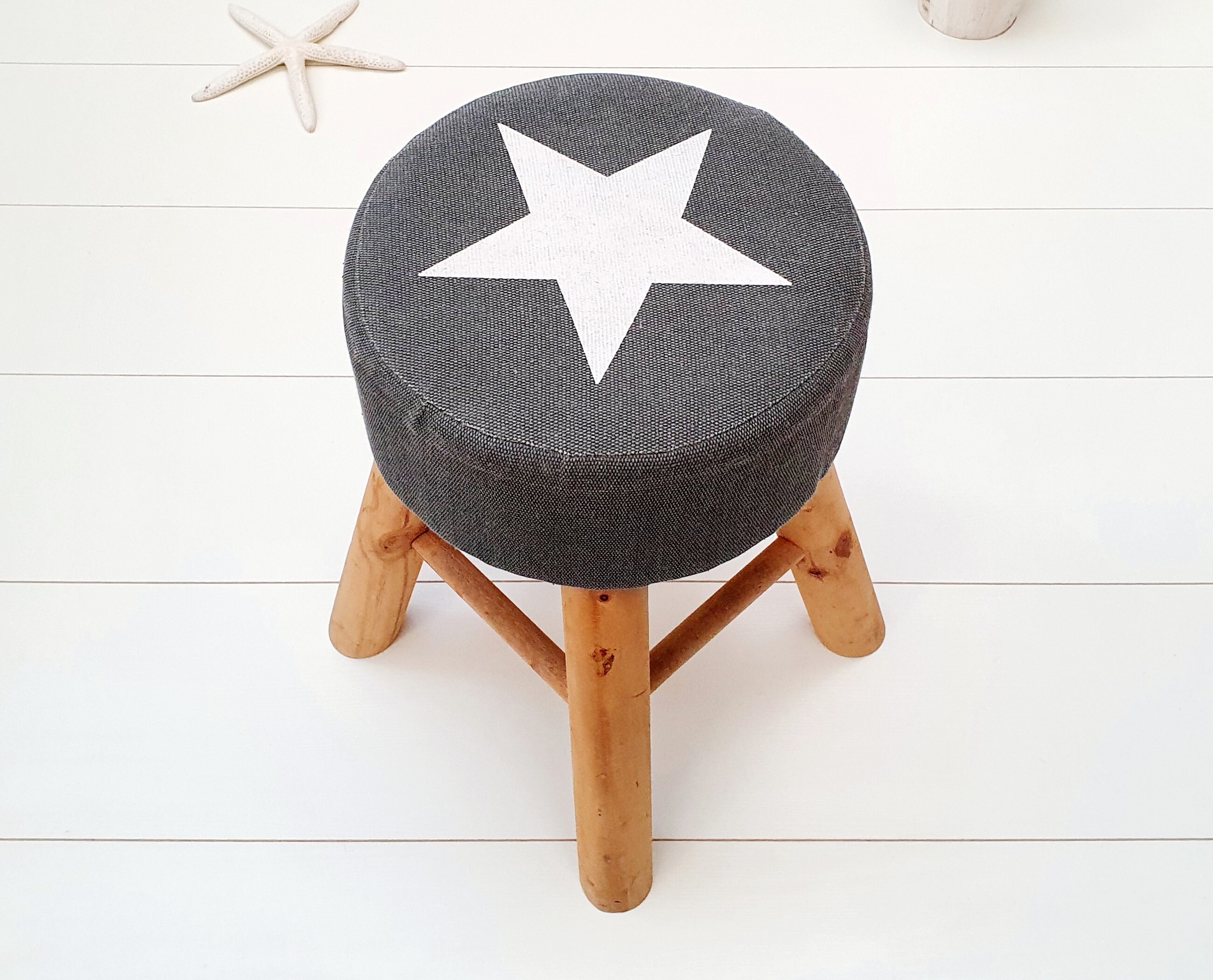 Vintage Upholstered Stool 'star', Wooden Foot Stool, Coastal Stool ...