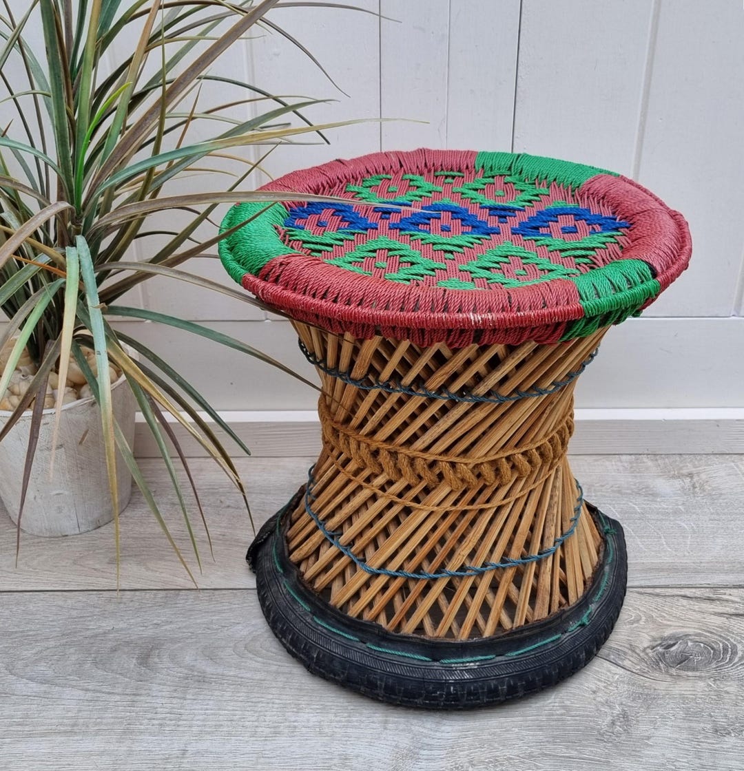 70's Round Wicker Stool, Bamboo Footstool, Wicker Plant Stand, Plant ...