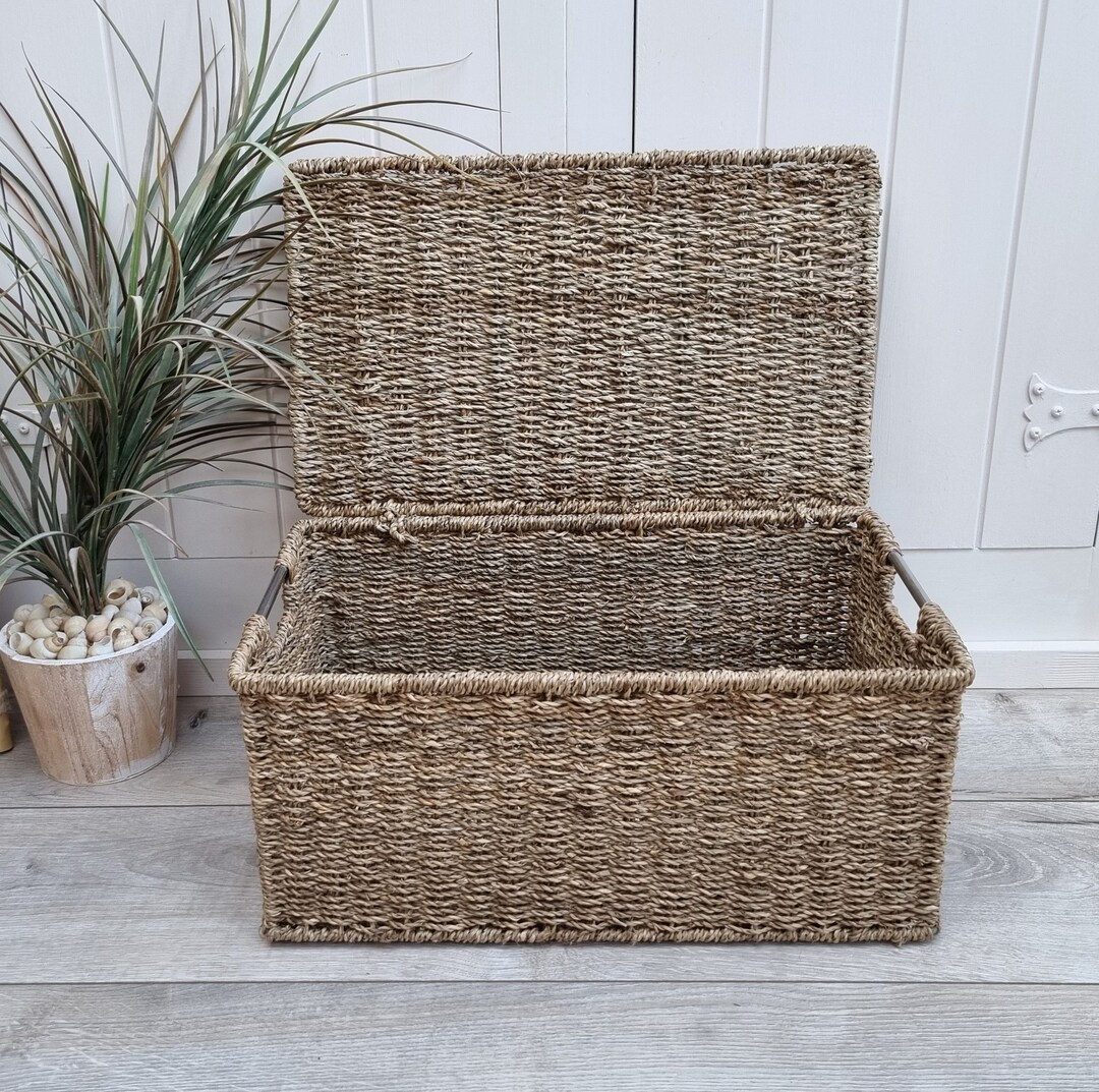 Rectangular Wicker Basket With Flip Top Lid, Seagrass Basket, Sturdy ...