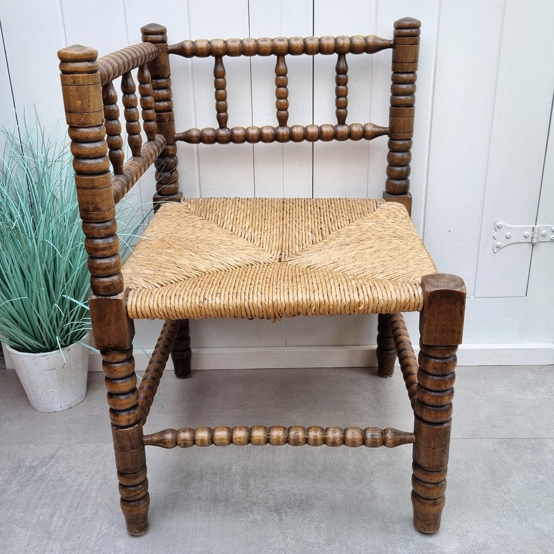 Antique Bobbin Corner Chair, Vintage Turned Wood Accent Chair, Rush ...