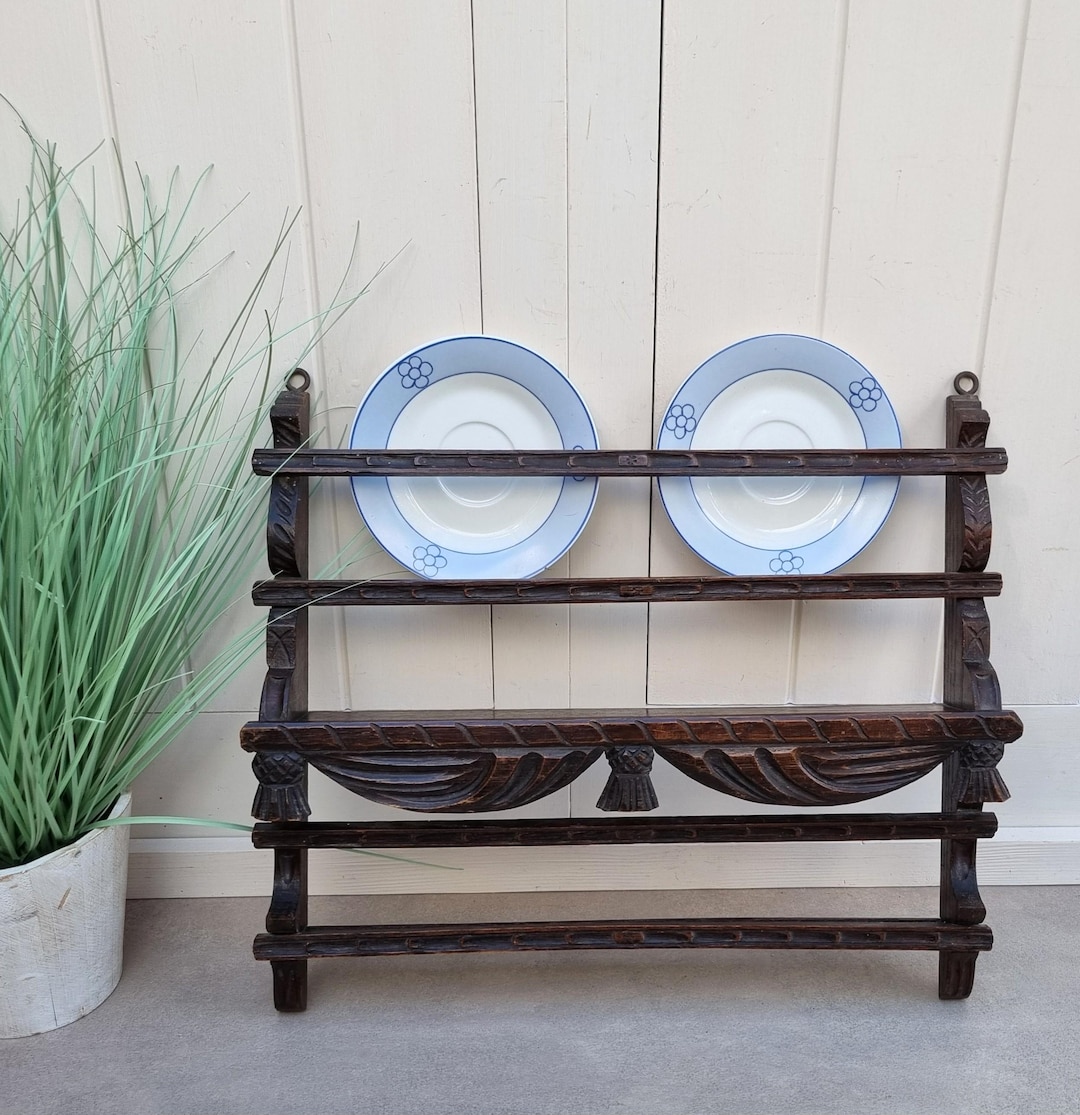 Vintage Plate Rack, Hand Carved Plate Shelf, Wooden 3 Shelf Plate Rack ...