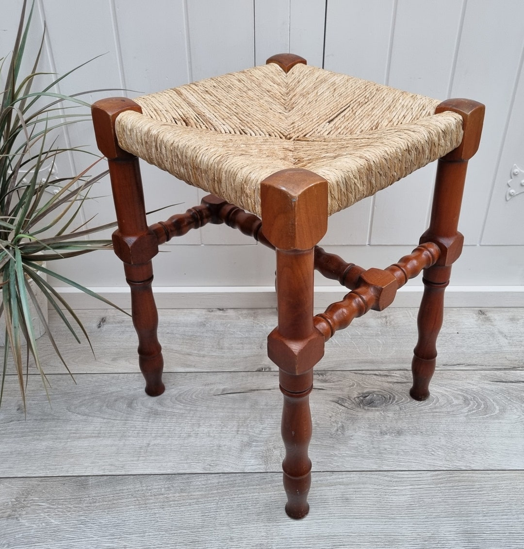 Wooden Stool With Rush Seat, Turned Leg Stool, Wicker Seat, Plant Stand ...