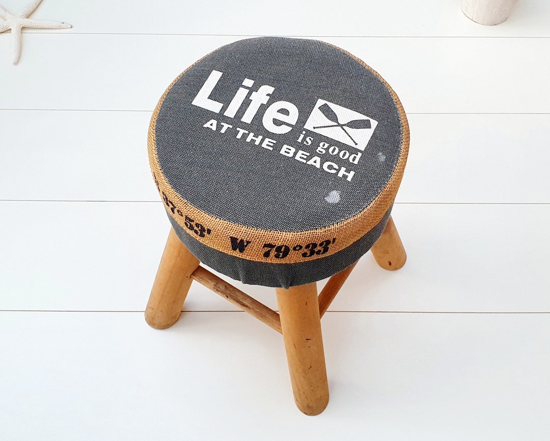 Vintage Upholstered Stool 'life is Good at the Beach', Wooden Foot ...