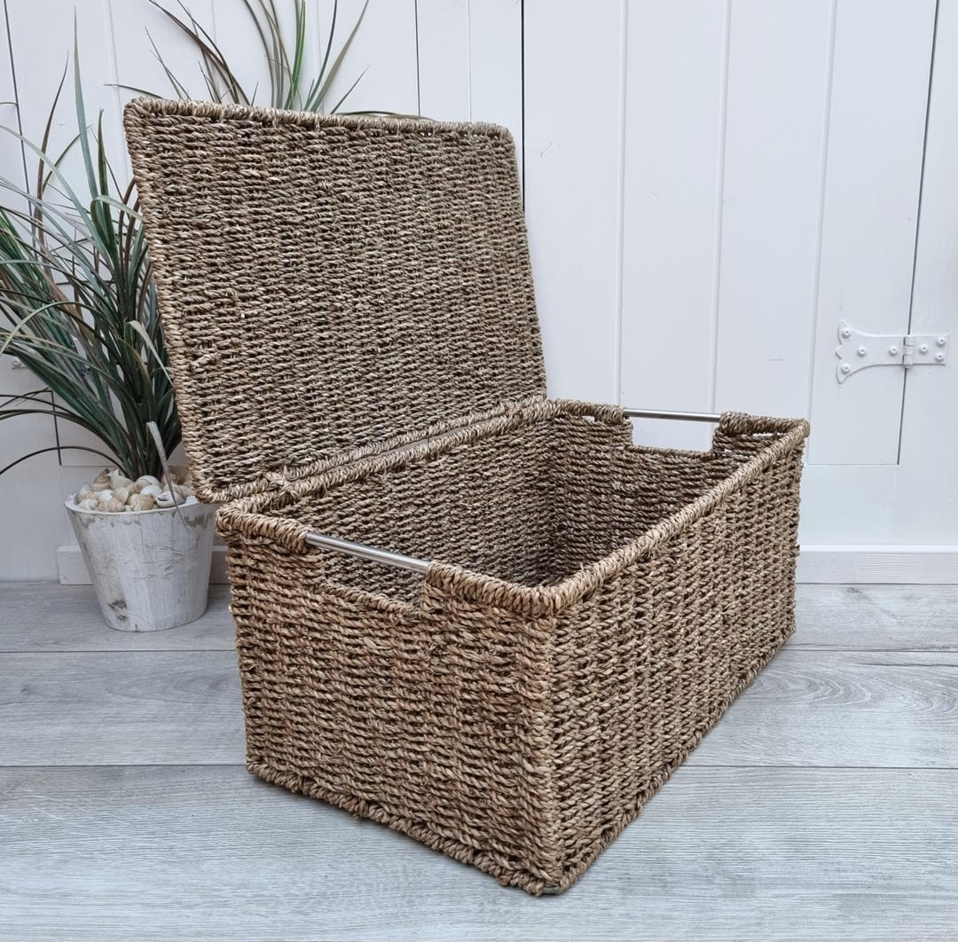 Rectangular Wicker Basket, Basket With Flip Top Lid, Seagrass Basket ...
