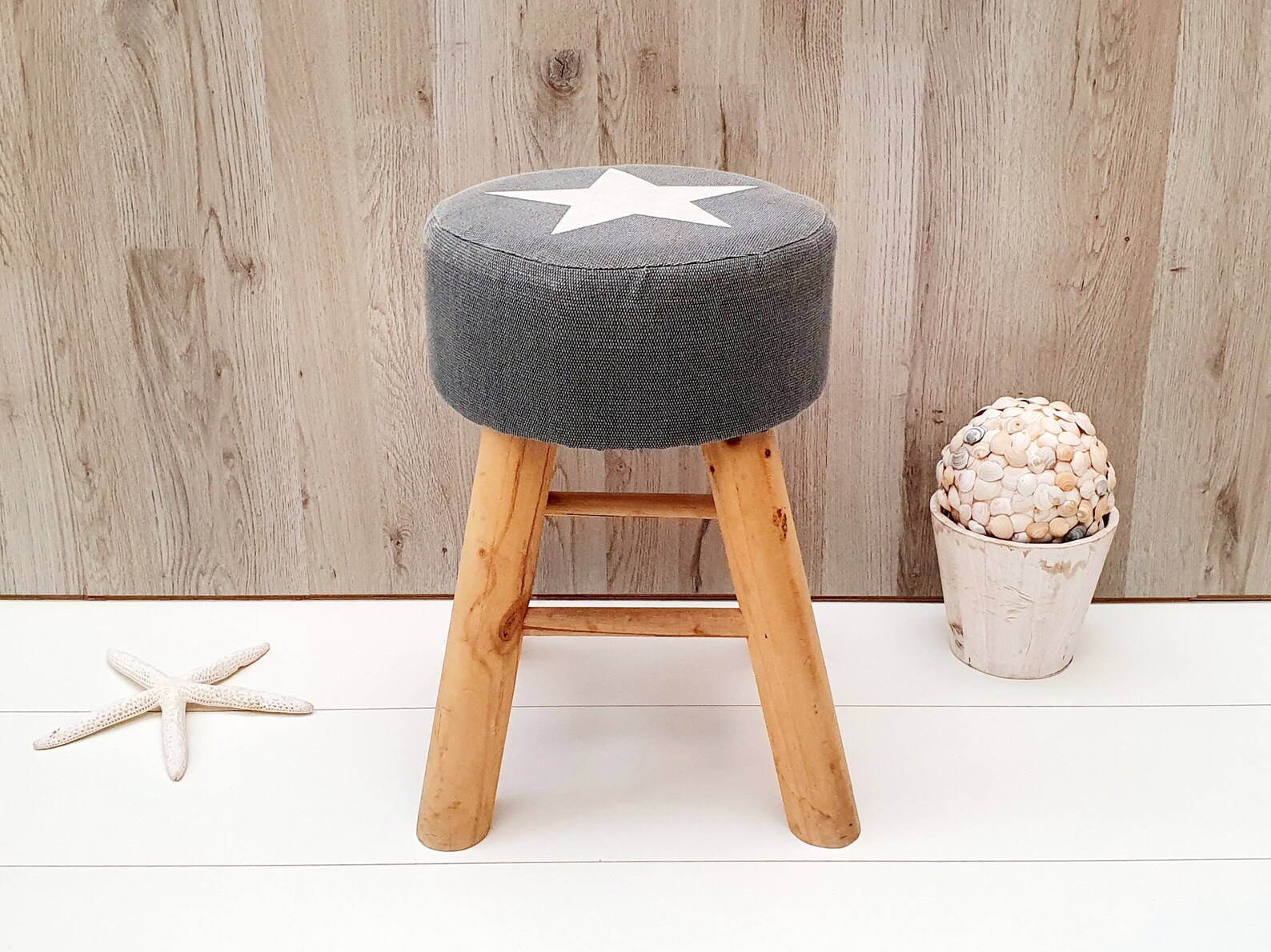 Vintage Upholstered Stool 'star', Wooden Foot Stool, Coastal Stool ...
