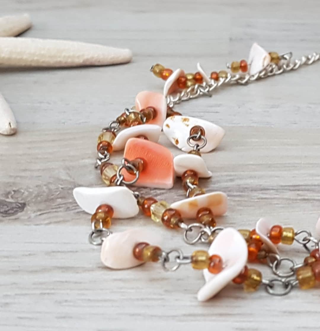 Vintage Shell Bib Necklace, Layered Necklace, Seashells, Beach Jewelry ...