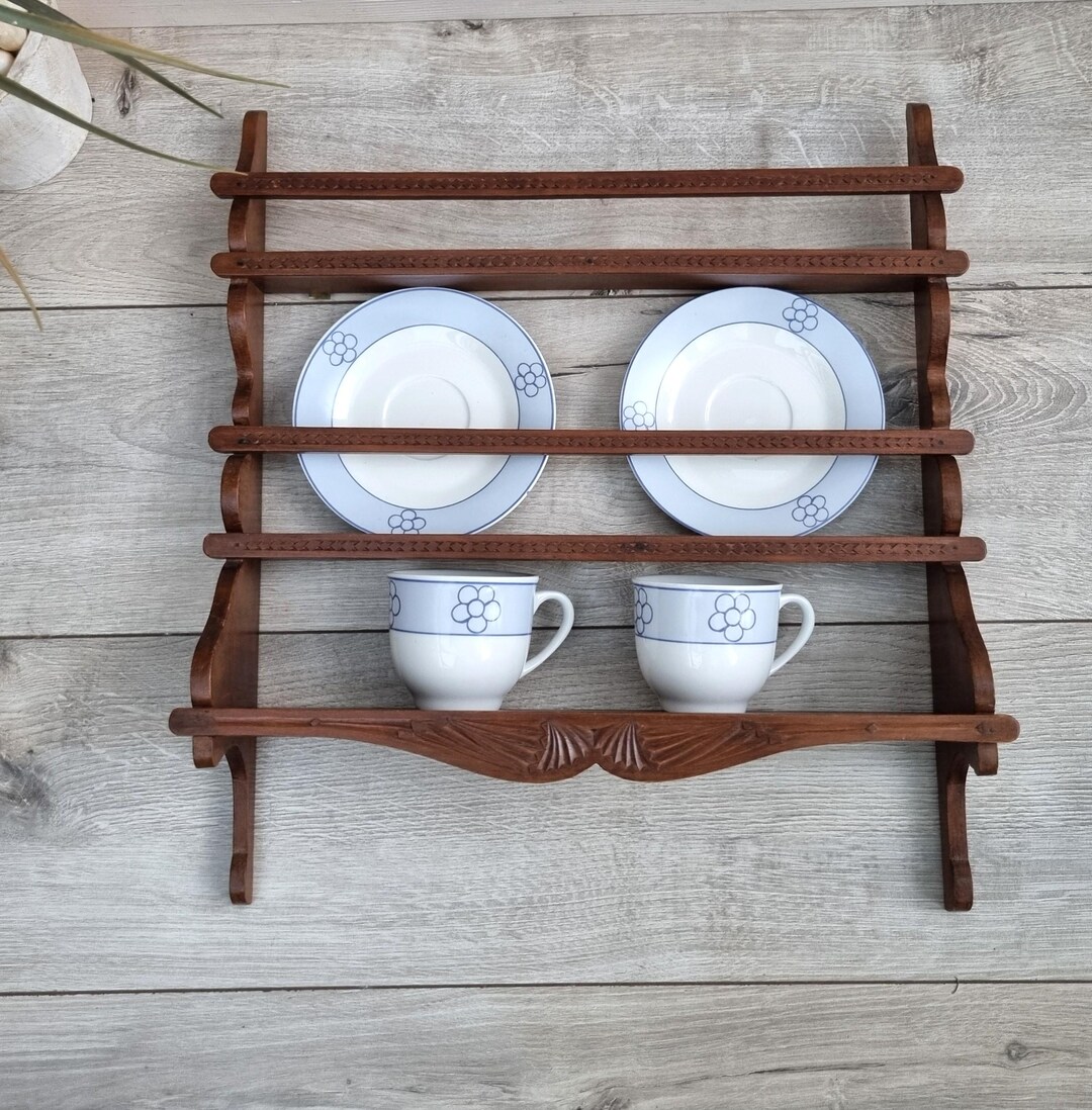 Vintage Plate Rack, Hand Carved Plate Shelf, Wooden 3 Shelf Plate Rack ...