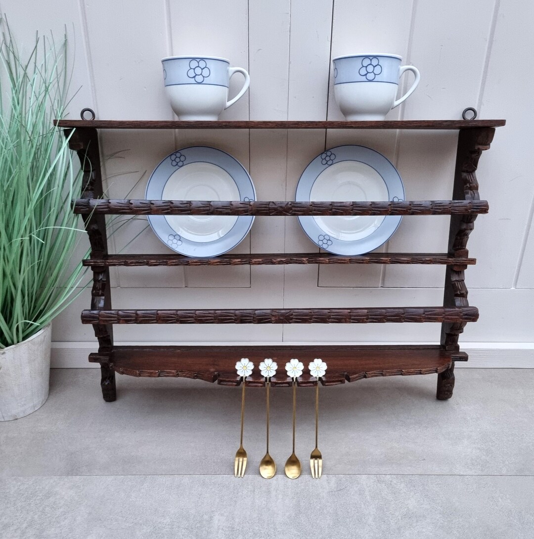 Vintage Plate Rack, Hand Carved Plate Shelf, Wooden 3 Shelf Plate Rack ...