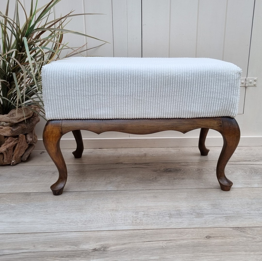 Wooden Footstool, Queen Ann Style, Upholtered Stool, White Ottoman ...