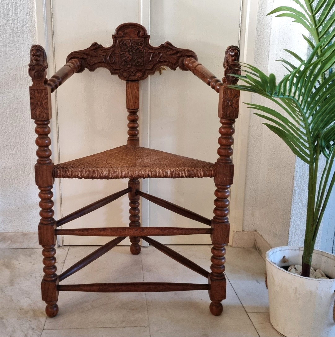 Antique Three Legged Corner Chair, Hand Carved Lions, Solid Oak Corner ...