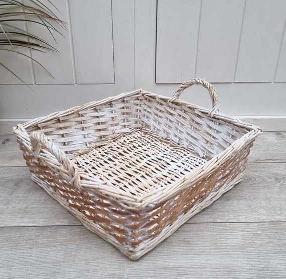 Square Wicker Basket Wicker Basket With Lining Sturdy White and Brown Basket Coastal Decor Storage Basket Wicker Home Decor Etsy